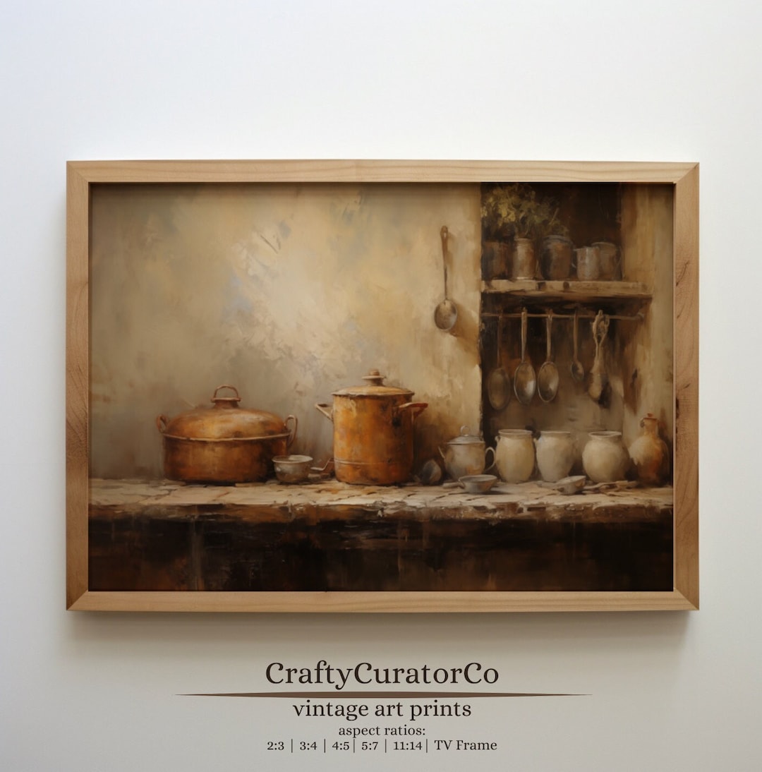 Printable Vintage Farmhouse Kitchen Oil Painting | Rustic Warm Tone Art ...