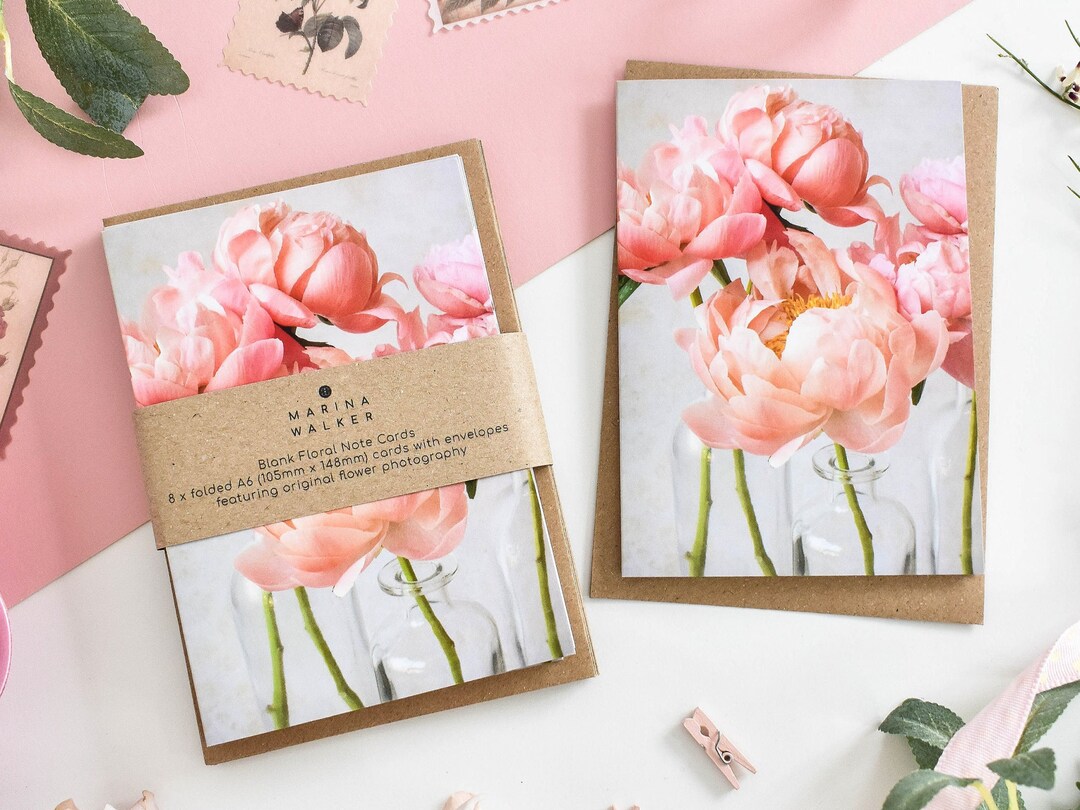 Peony Note Cards, Floral Greetings Card, Botanical Greeting Cards, Pink ...