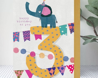 Third Birthday Card, Turning 3 Card, Three Year Old, Happy Birthday ...