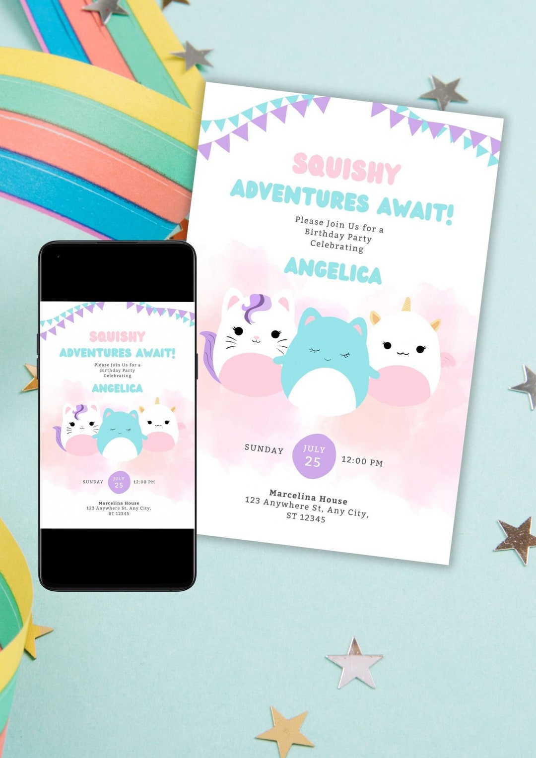 Editable Squishmallow Birthday Invitation Pink Squish on Over Instant ...