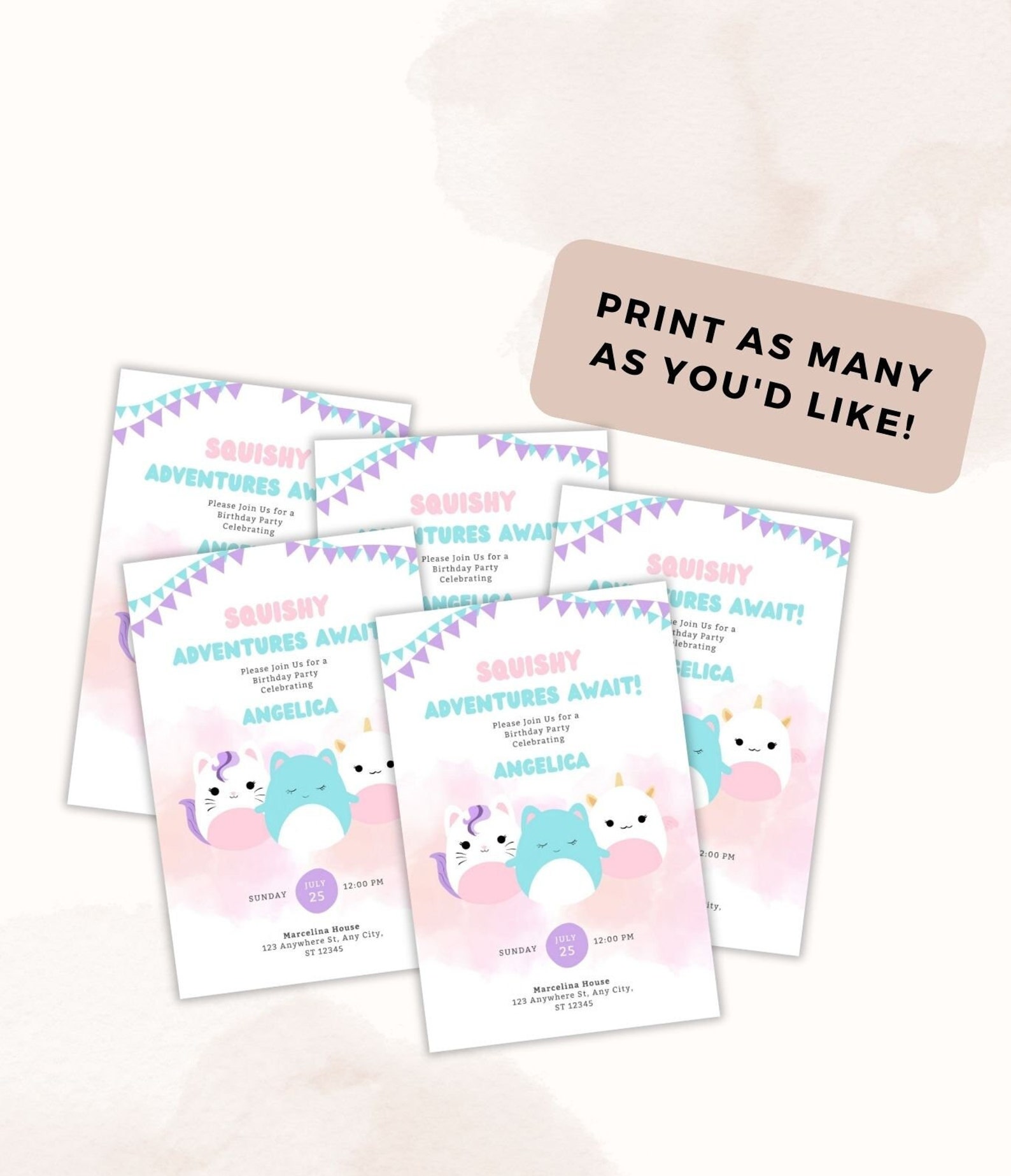 Editable Squishmallow Birthday Invitation Pink Squish on Over Instant ...