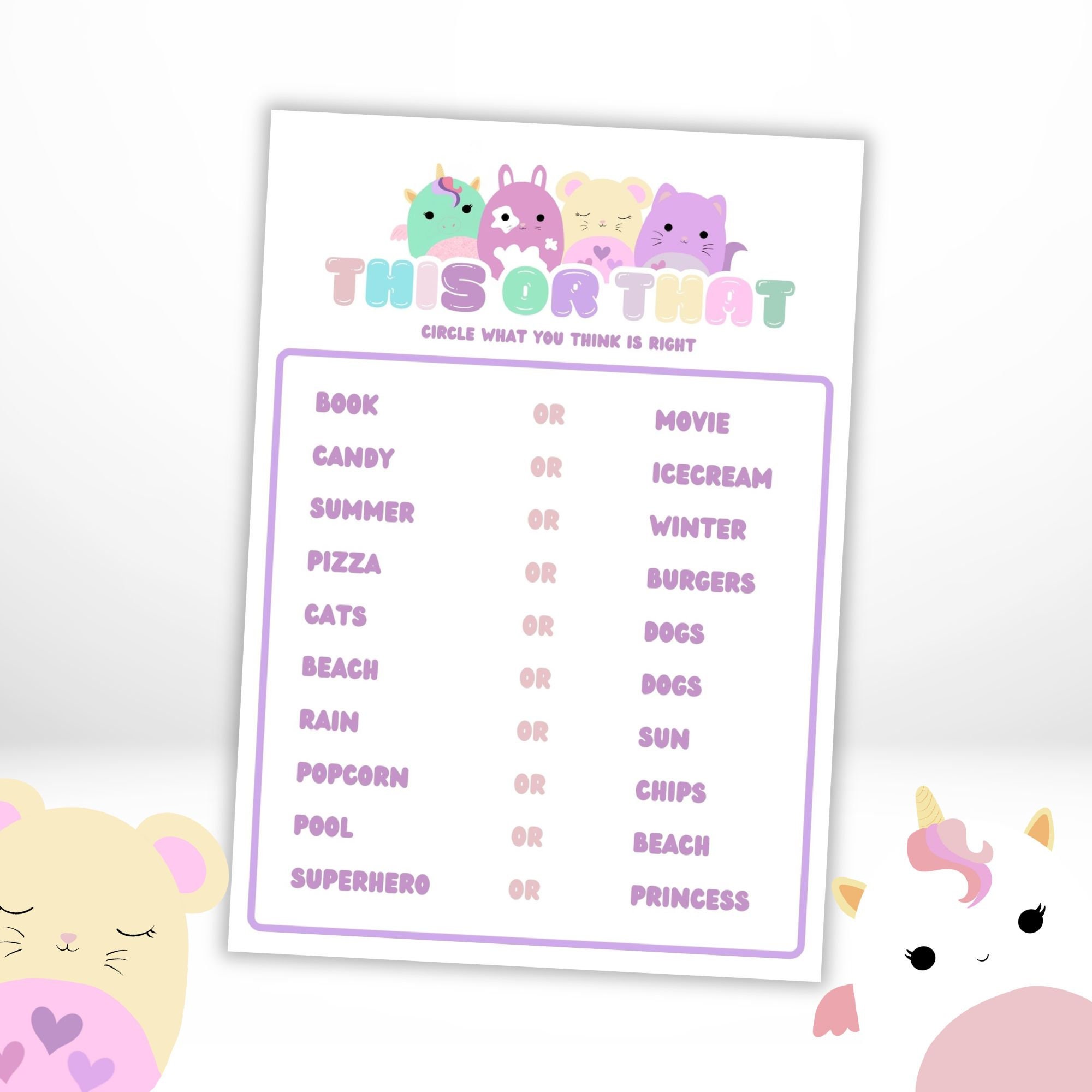 Squishmallow This or That for Kids Printable Would You Rather Questions ...
