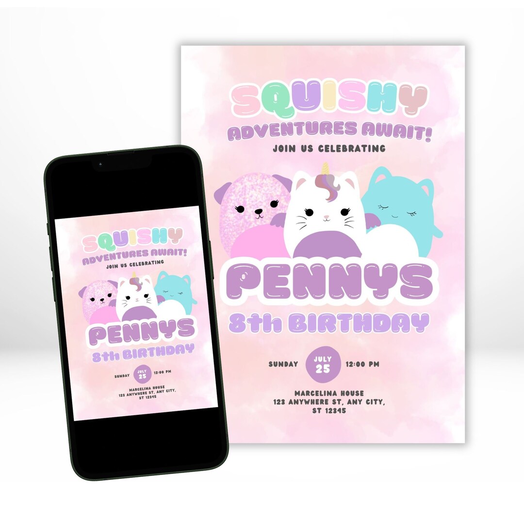 Editable Squishmallow Birthday Invitation Pink Squish on Over Instant ...