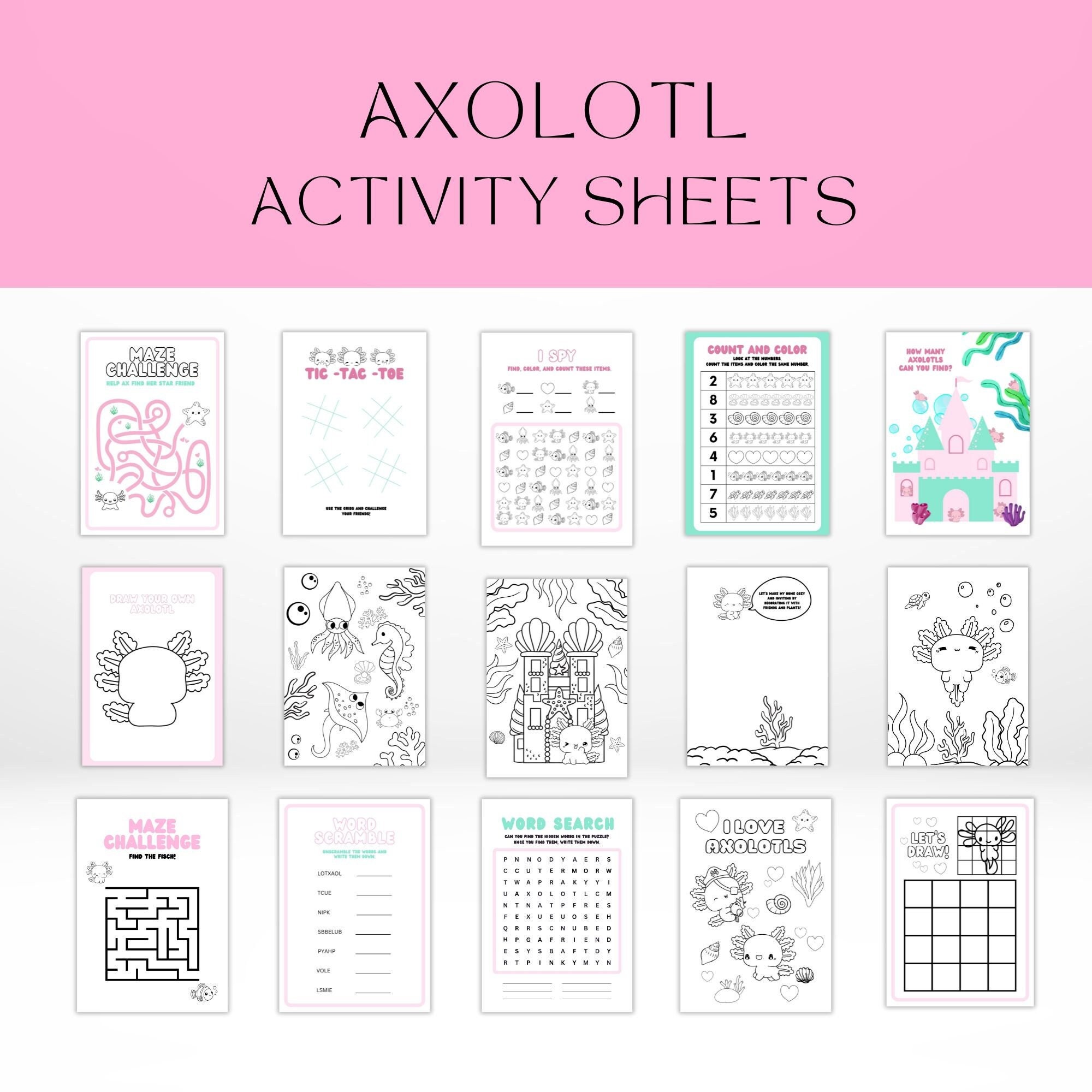 Axolotl Printable Activity and Coloring Sheets Maze Word Search ...