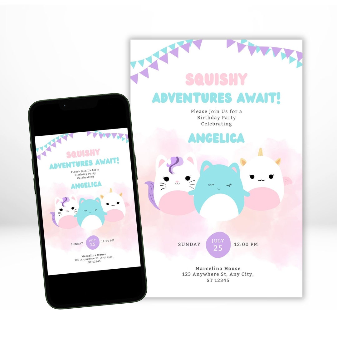 Editable Squishmallow Birthday Invitation Pink Squish on Over Instant ...