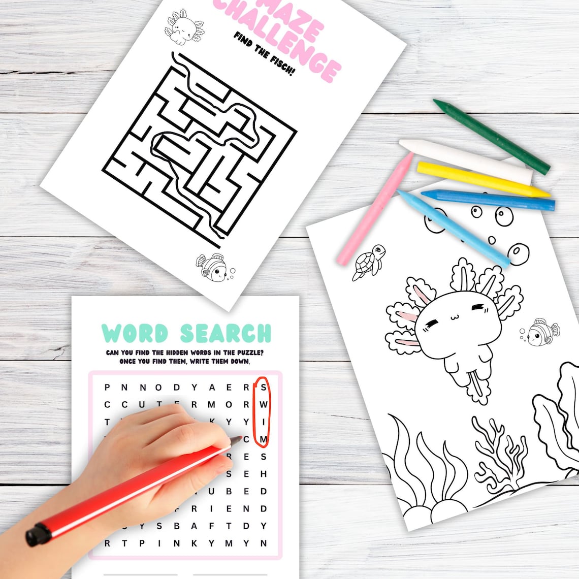 Axolotl Printable Activity and Coloring Sheets Maze Word Search ...