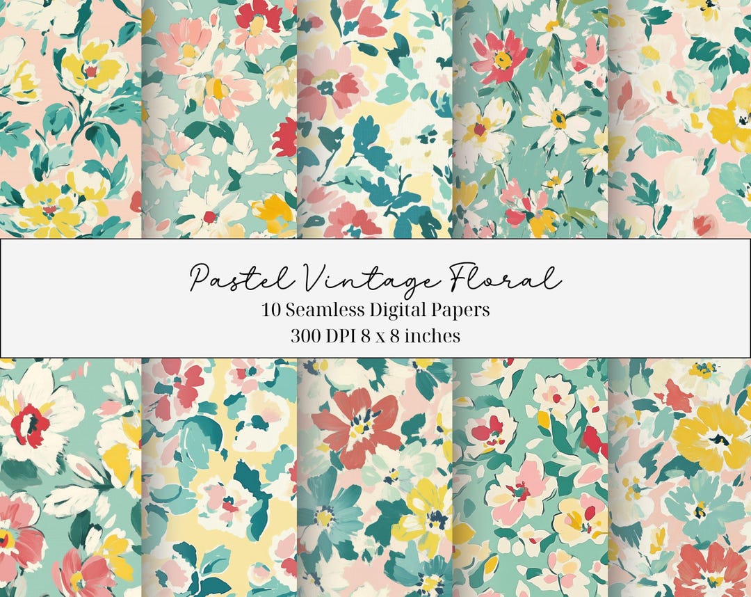 Vintage Floral Digital Paper Bundle, Seamless Designs, Pastel Preppy ...