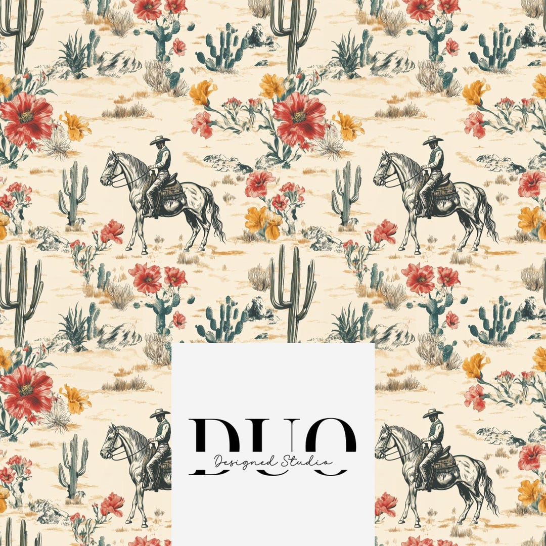 Floral Desert Cowboys Seamless Pattern, Western Repeat Surface Pattern ...