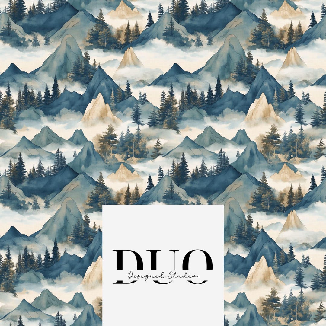 Teal Mountains Seamless Pattern, Watercolour Mountains Seamless Digital ...