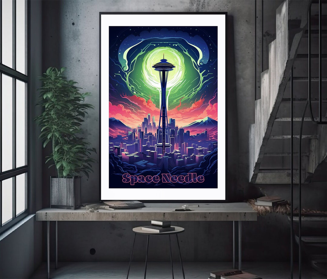 Seattle Space Needle Landmark Print Poster, Futuristic City ...