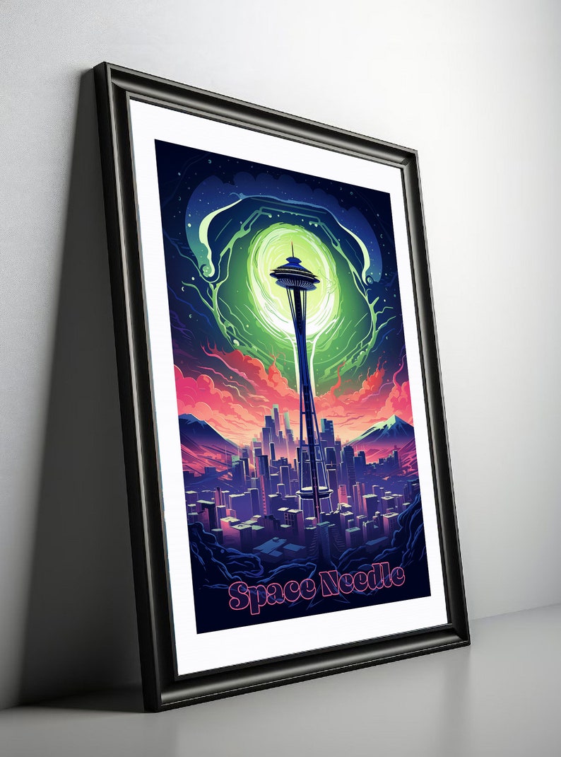 Seattle Space Needle Landmark Print Poster, Futuristic City ...