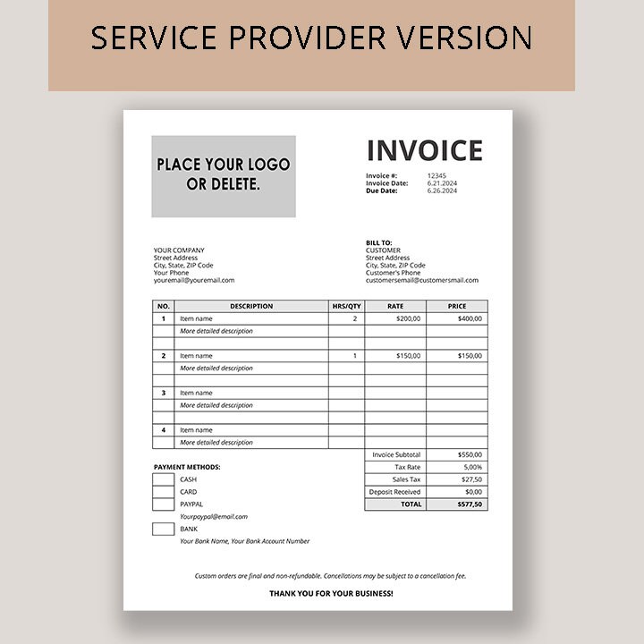 Easy-to-fill Invoice Template Form for Product and Service Sales - Etsy