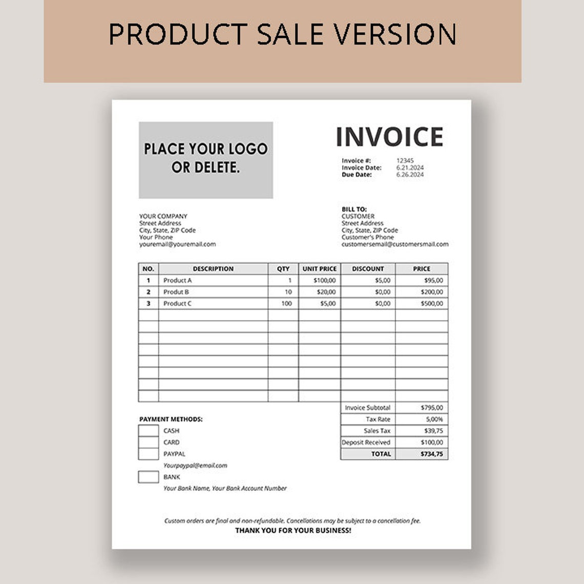 Easy-to-fill Invoice Template Form for Product and Service Sales - Etsy