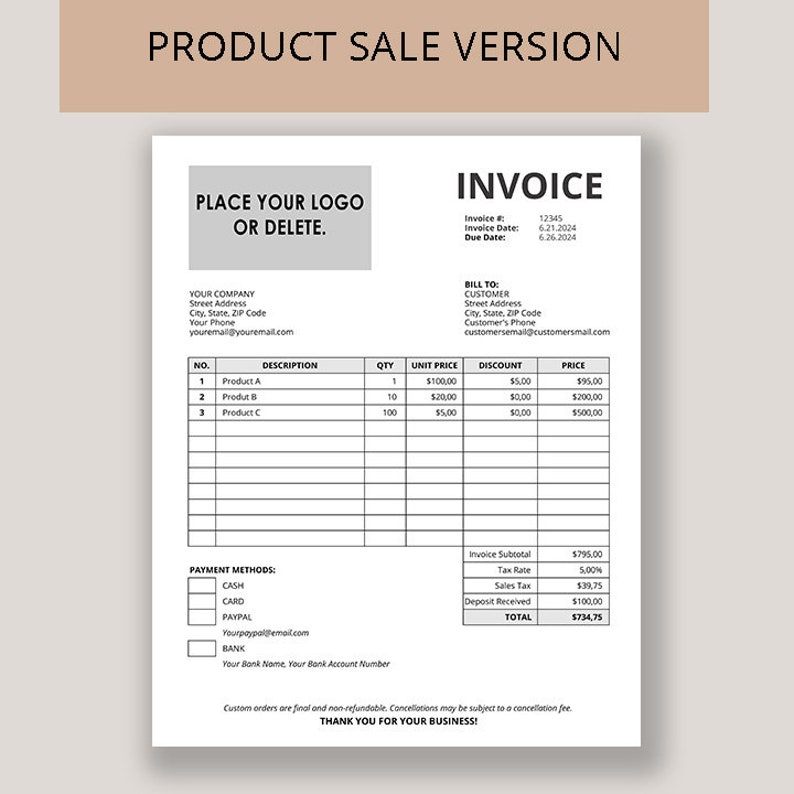 Easy-to-fill Invoice Template Form for Product and Service Sales - Etsy