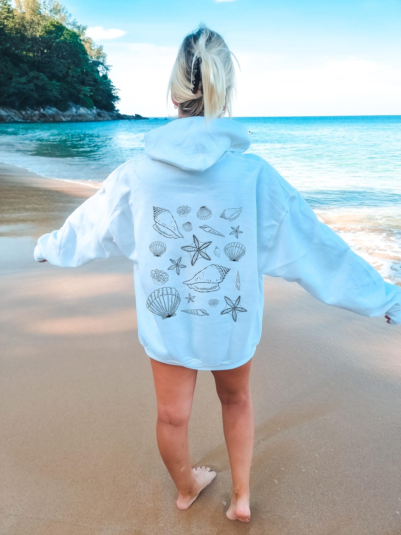 Seashell White Hoodie - Beach Vibes Jumper, Ocean Lover Sweatshirt ...