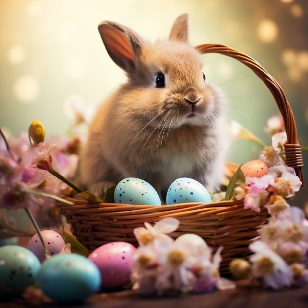 Easter Bunny With Eggs and Basket Art - Etsy