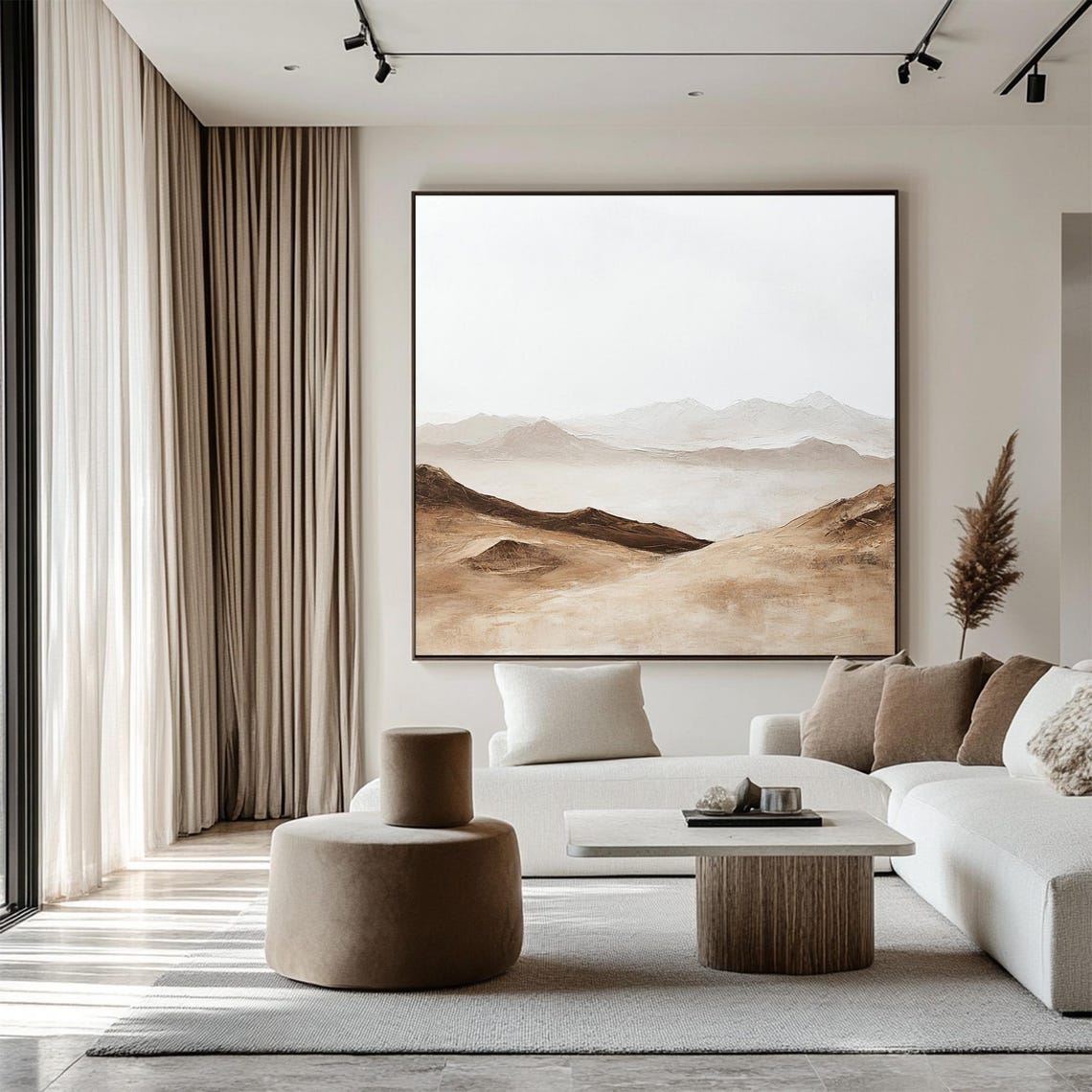 Large Beige Abstract Mountain Oil Painting: Minimalist Canvas Art - Etsy