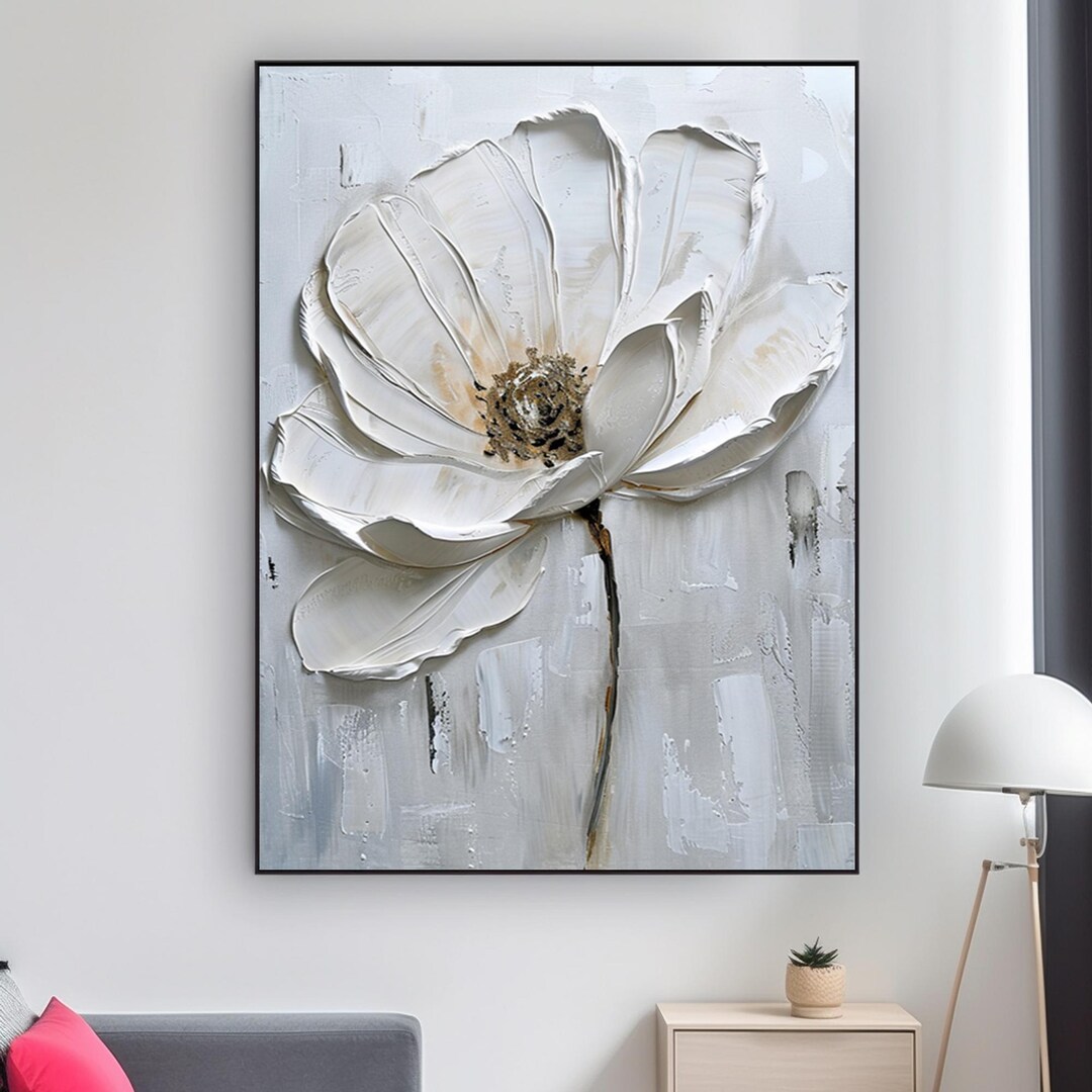 Large 3D White Plaster Flower Texture Oil Painting Simple 3D Flower ...