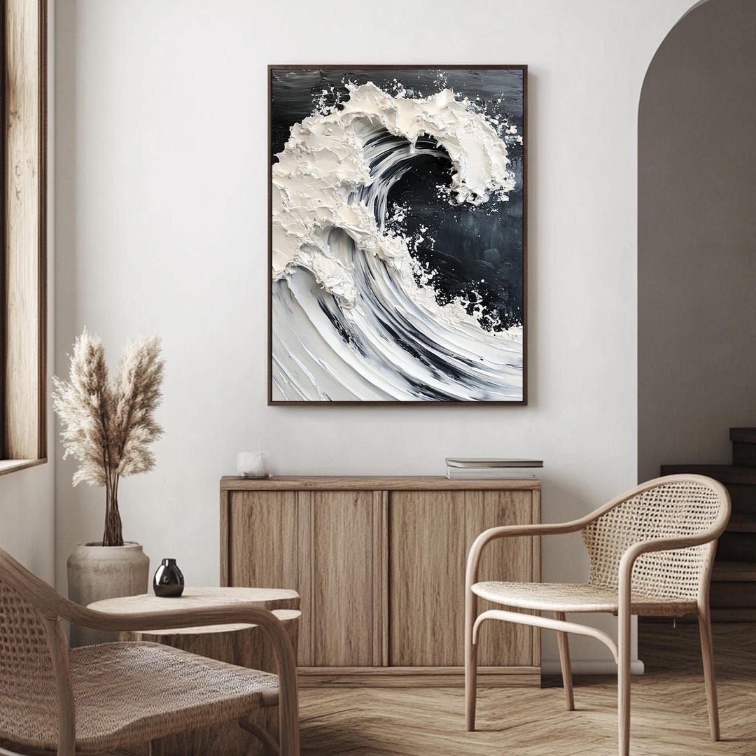 Original Black and White Wave Oil Painting: 3D Impasto Coastal Art - Etsy