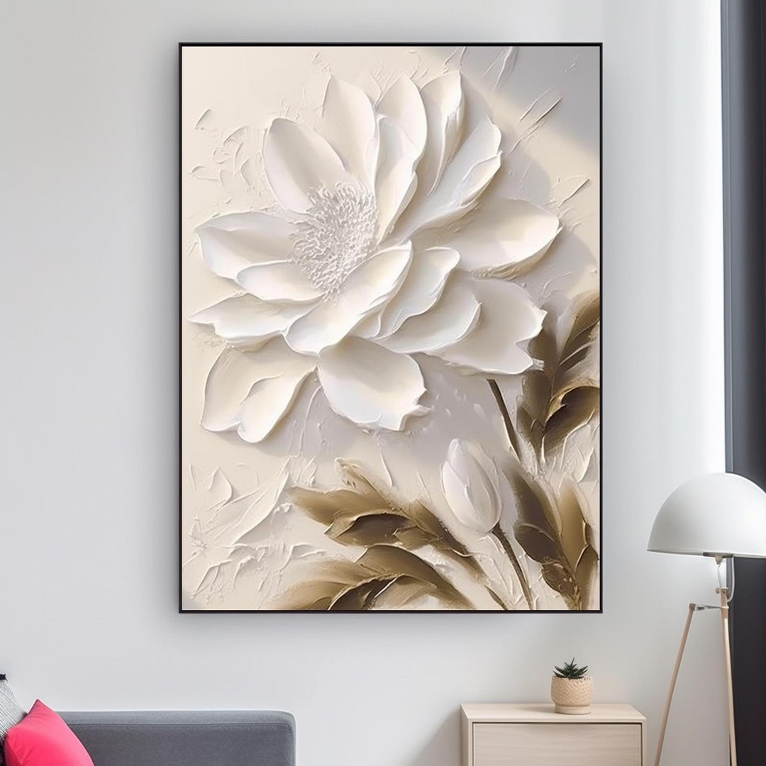 Large Original Abstract 3D White Plaster Floral Texture Painting White ...