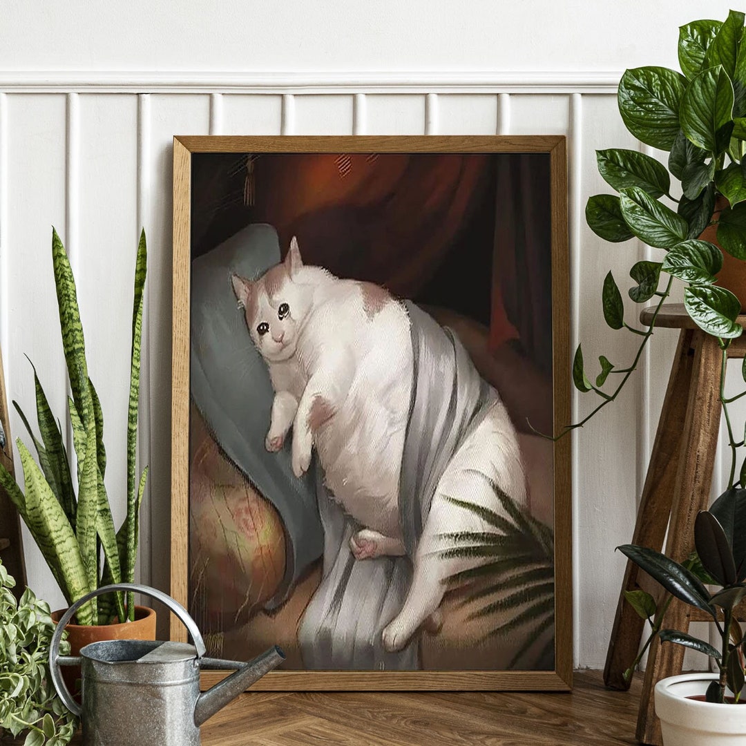 Fat Cat Crying Poster Funny Chonk Painting Meme Wall Art Ugly ...