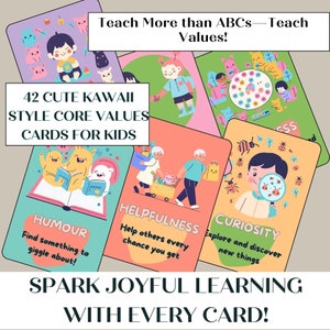 Children's Values Printable Card Deck Kawaii Style Cute Flash Cards for ...
