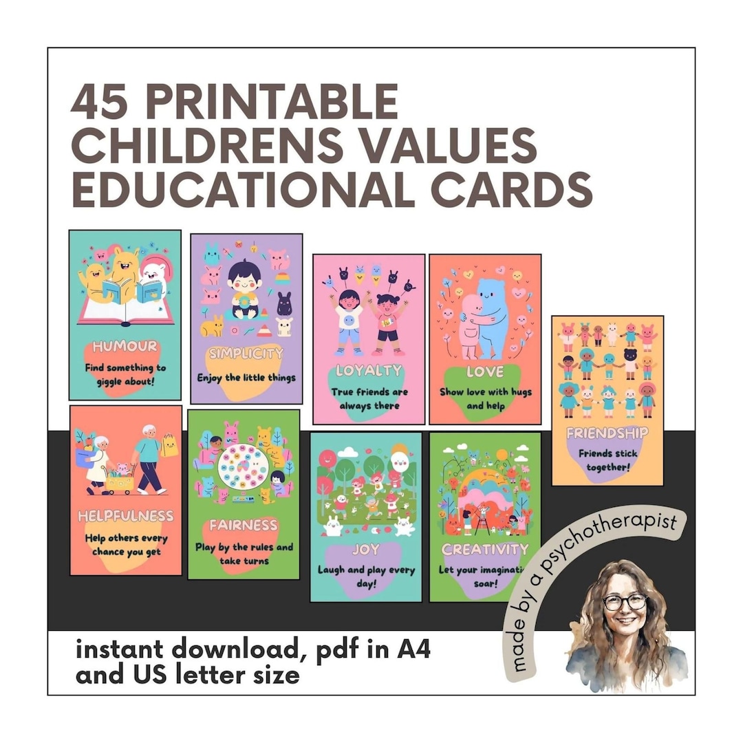45 Children's Values Flash Cards Printable US Letter & A4 Play Therapy ...