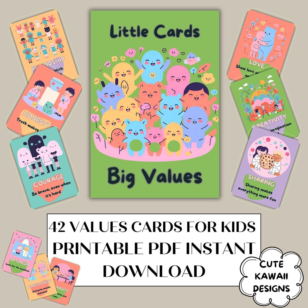 Children's Values Printable Card Deck Kawaii Style Cute Flash Cards for ...