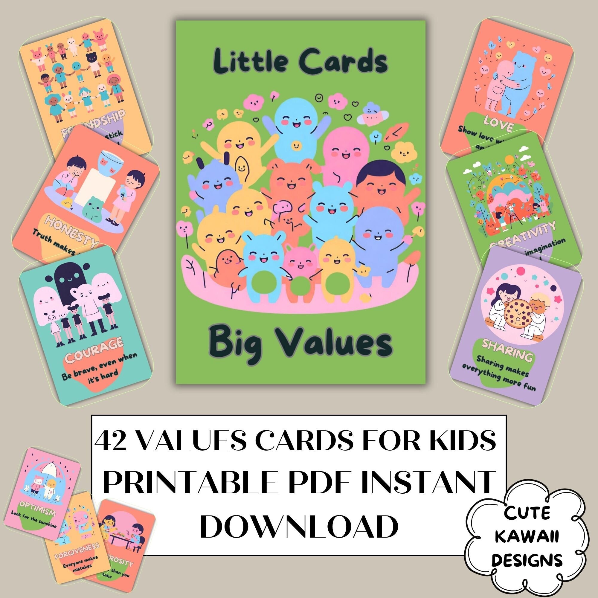 Children's Values Printable Card Deck Kawaii Style Cute Flash Cards for ...