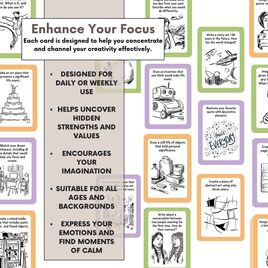 Printable Adult ADHD Creativity Card Set 60 Cards PDF Drawing Prompts ...