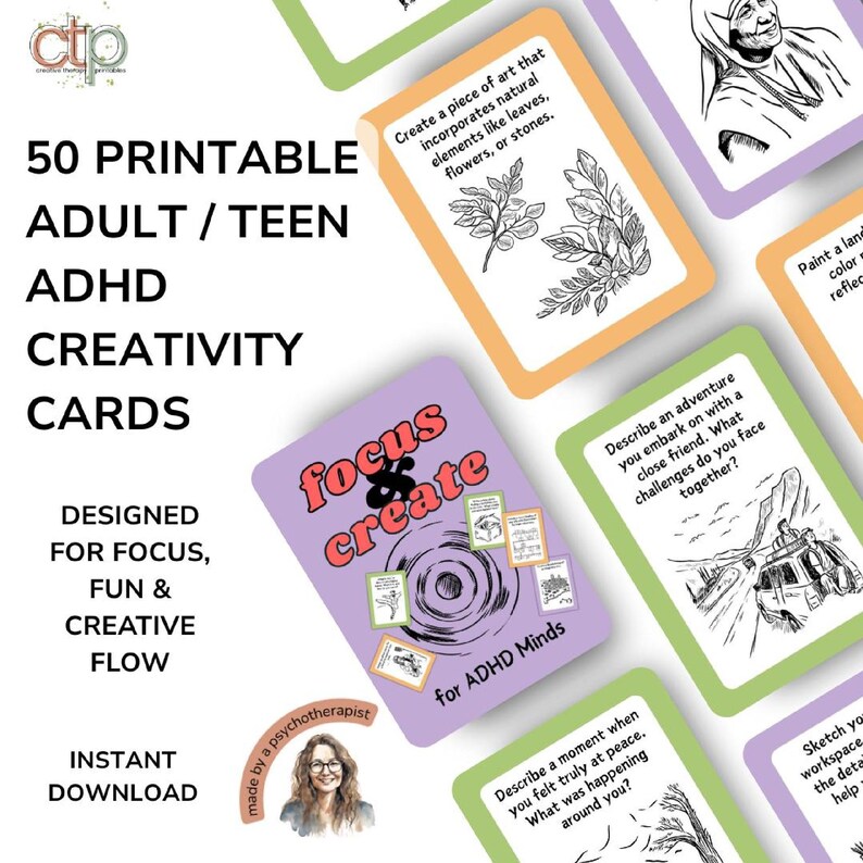 ADHD Printable Cards: 60 Creativity Mix, Art Therapy + Journaling ...