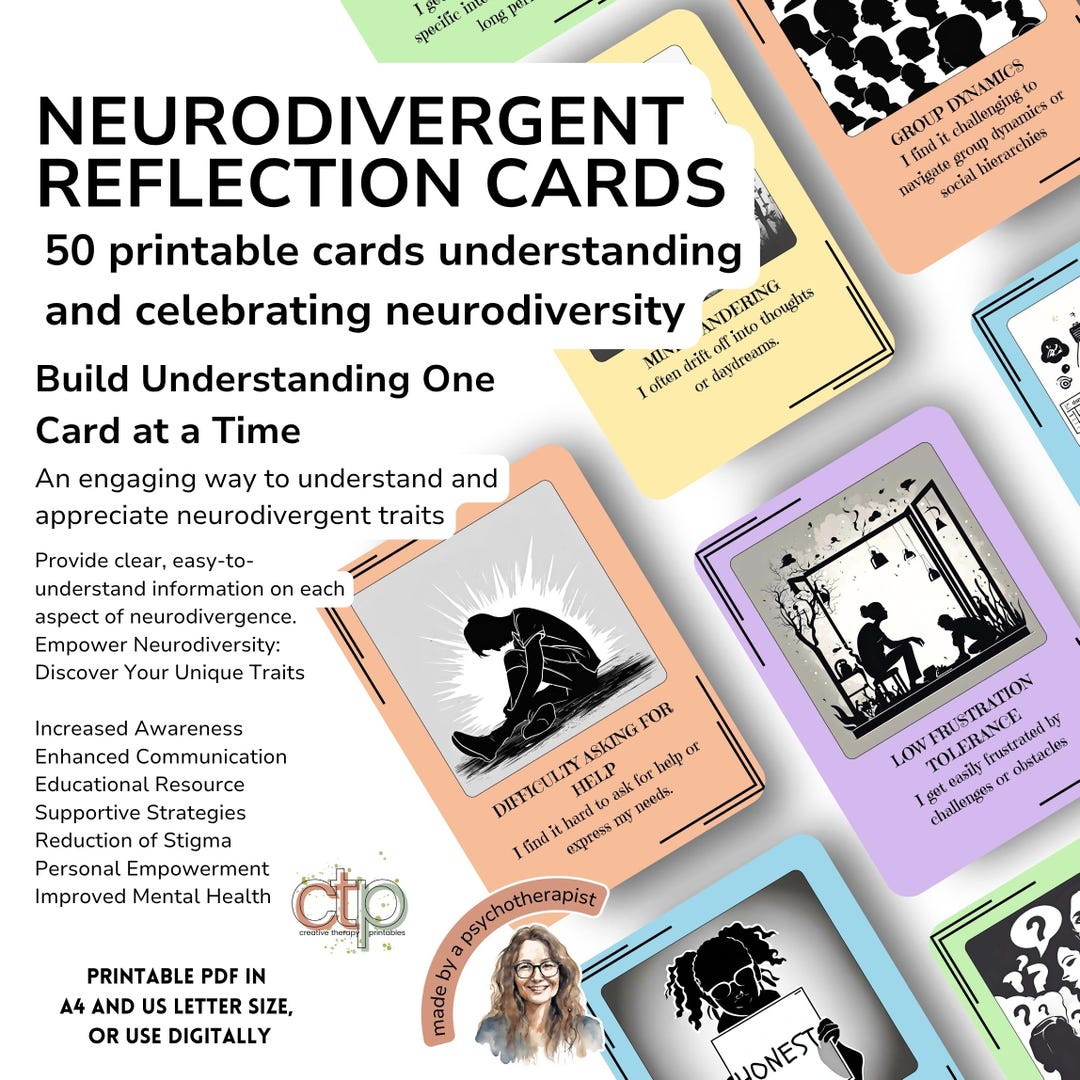Neurodivergence Tool Cards; 50 Printable Flash Cards for Counseling ...