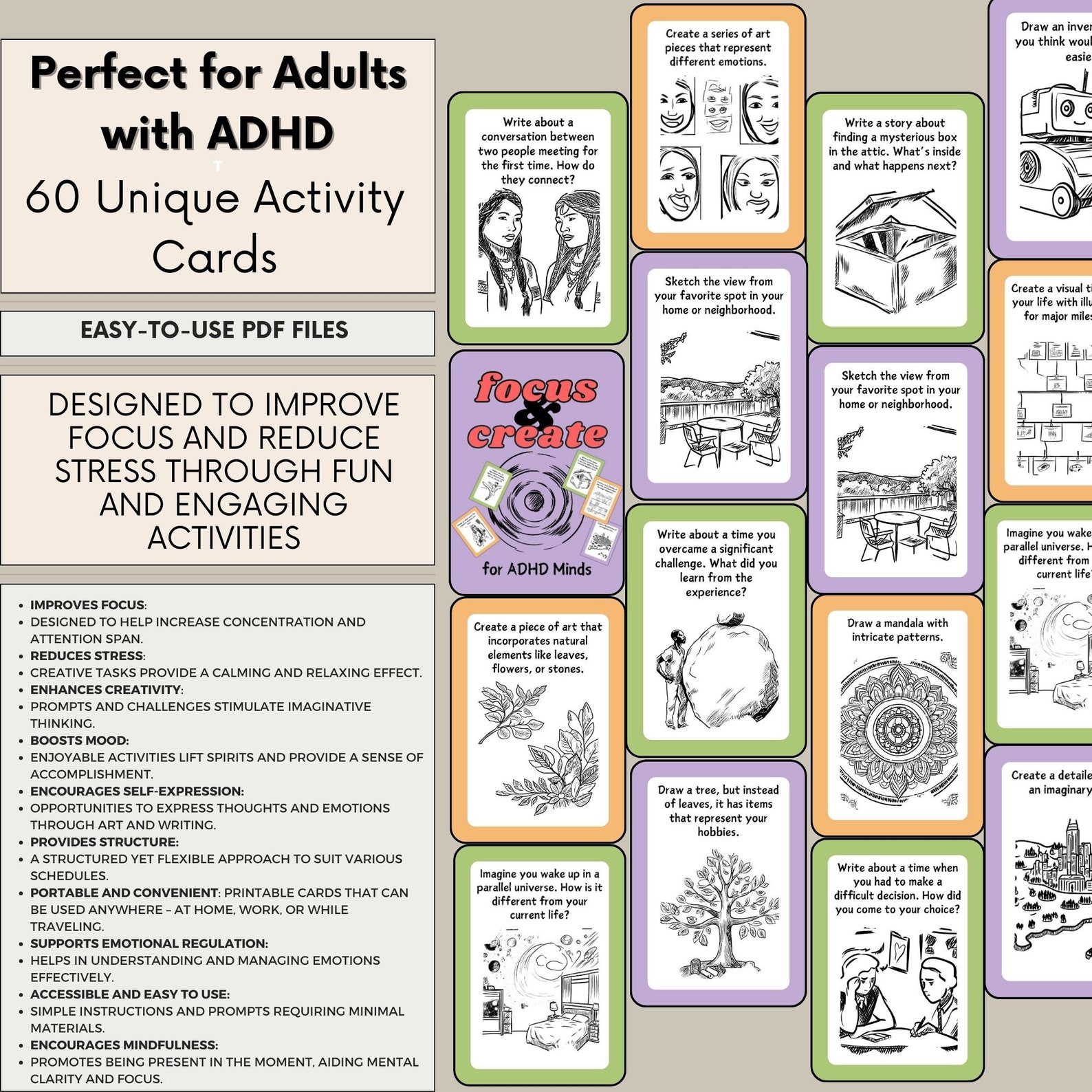 Printable Adult ADHD Creativity Card Set 60 Cards PDF Drawing Prompts ...