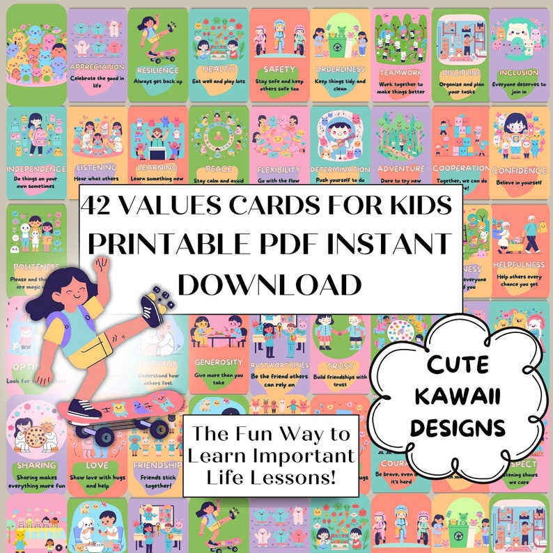 Children's Values Printable Card Deck Kawaii Style Cute Flash Cards for ...