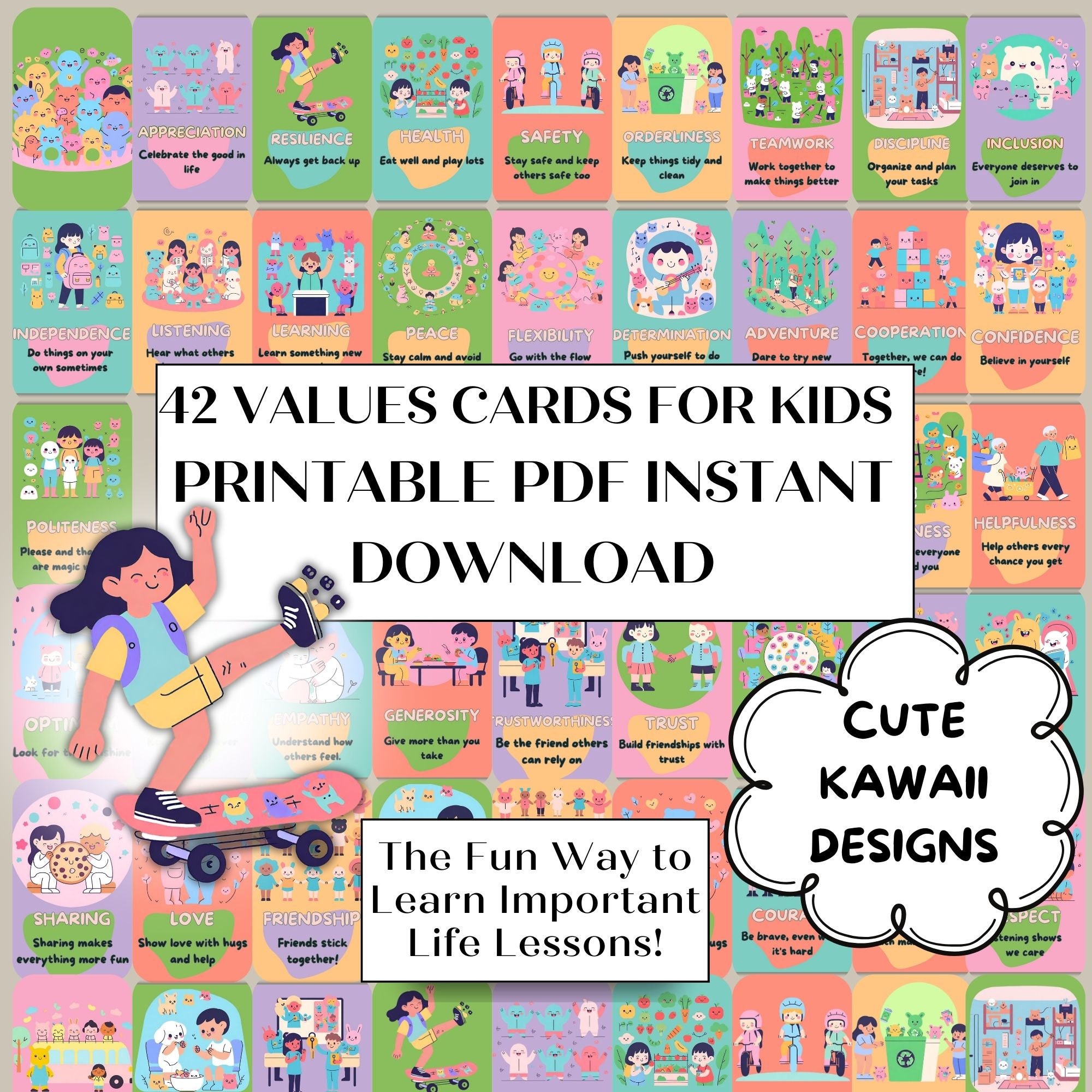 Children's Values Printable Card Deck Kawaii Style Cute Flash Cards for ...