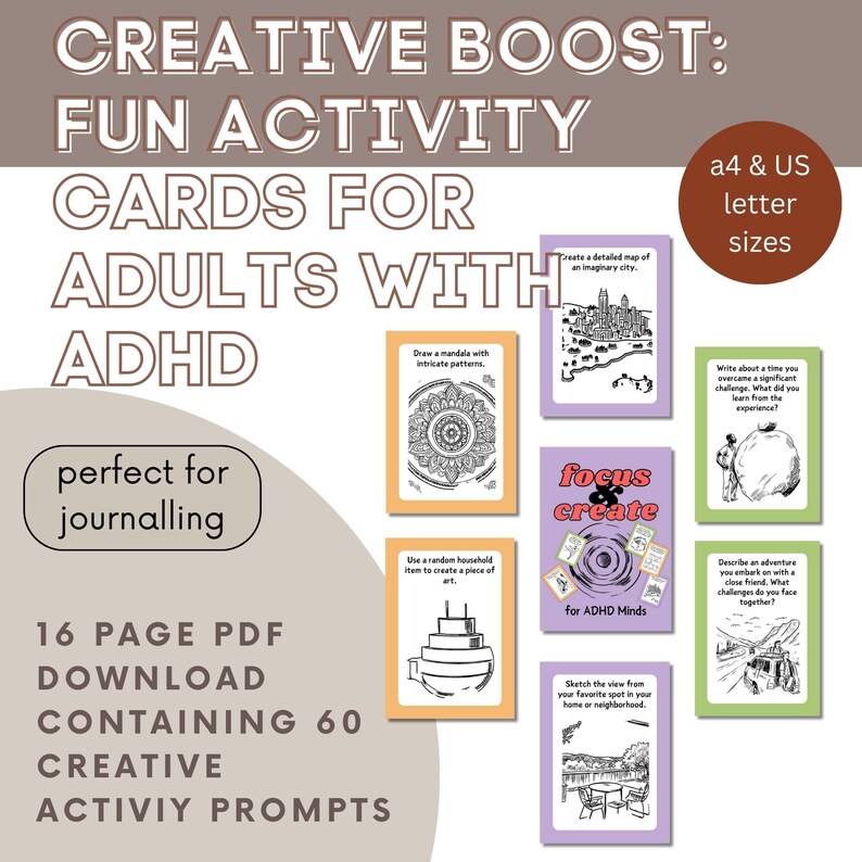 Printable Adult ADHD Creativity Card Set 60 Cards PDF Drawing Prompts ...