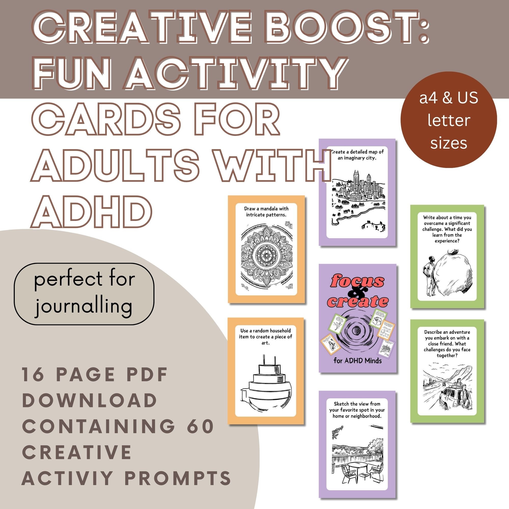 Printable Adult ADHD Creativity Card Set 60 Cards PDF Drawing Prompts ...