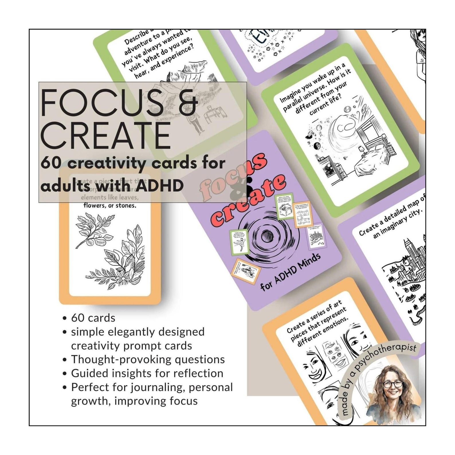 Printable Adult ADHD Creativity Card Set 60 Cards PDF Drawing Prompts ...