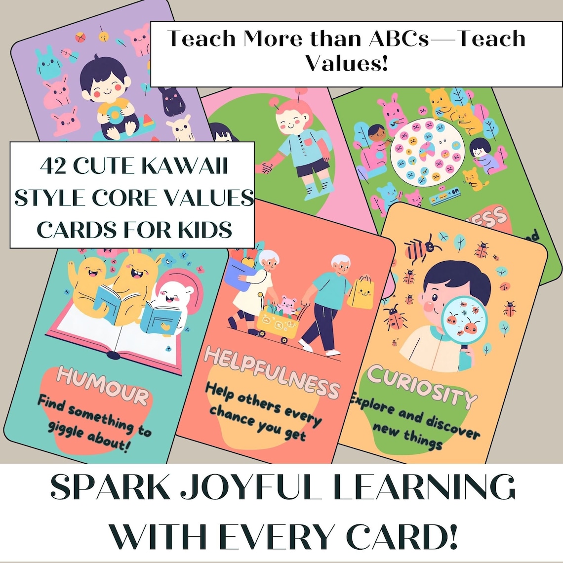 Children's Values Printable Card Deck Kawaii Style Cute Flash Cards for ...