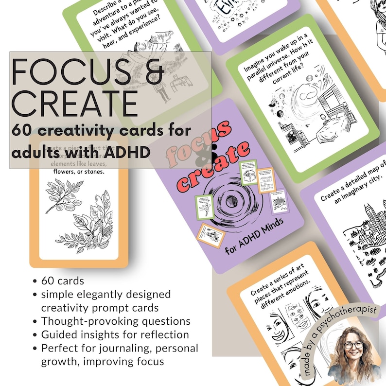 Printable Adult ADHD Creativity Card Set 60 Cards PDF Drawing Prompts ...