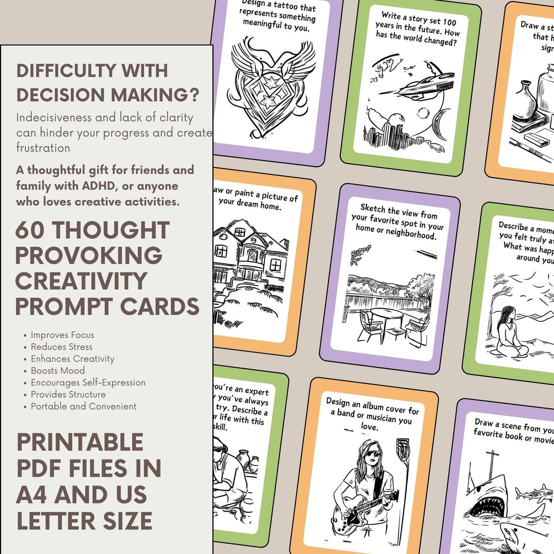 Printable Adult ADHD Creativity Card Set 60 Cards PDF Drawing Prompts ...
