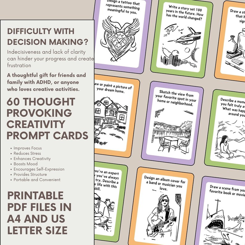 Printable Adult ADHD Creativity Card Set 60 Cards PDF Drawing Prompts ...