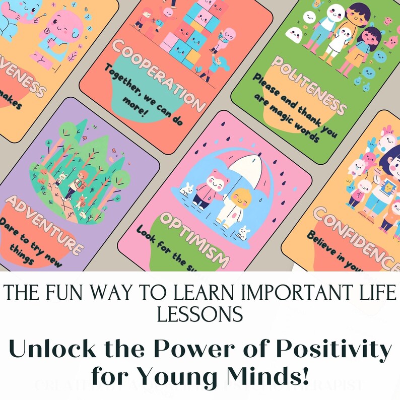 Children's Values Printable Card Deck Kawaii Style Cute Flash Cards for ...