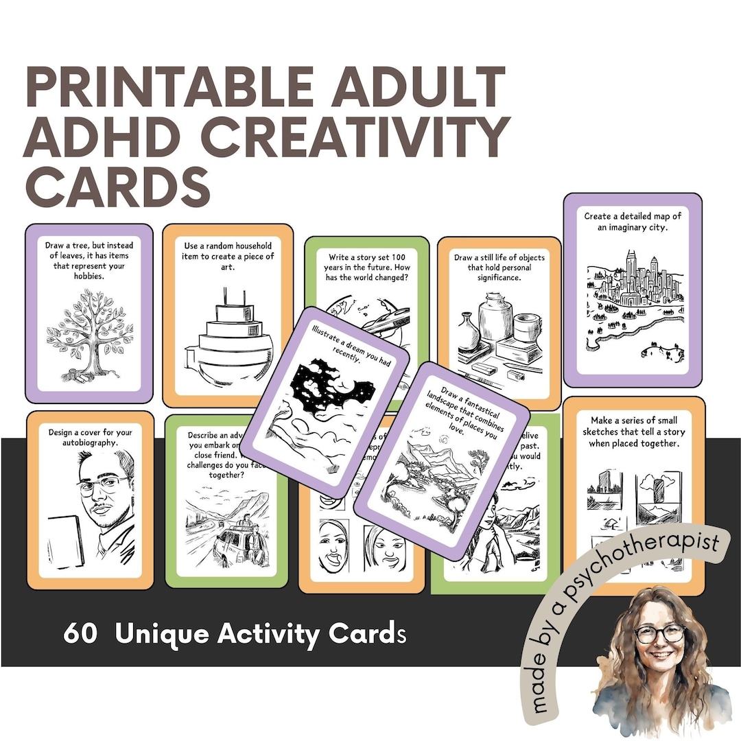 Printable Adult ADHD Creativity Card Set 60 Cards PDF Drawing Prompts ...