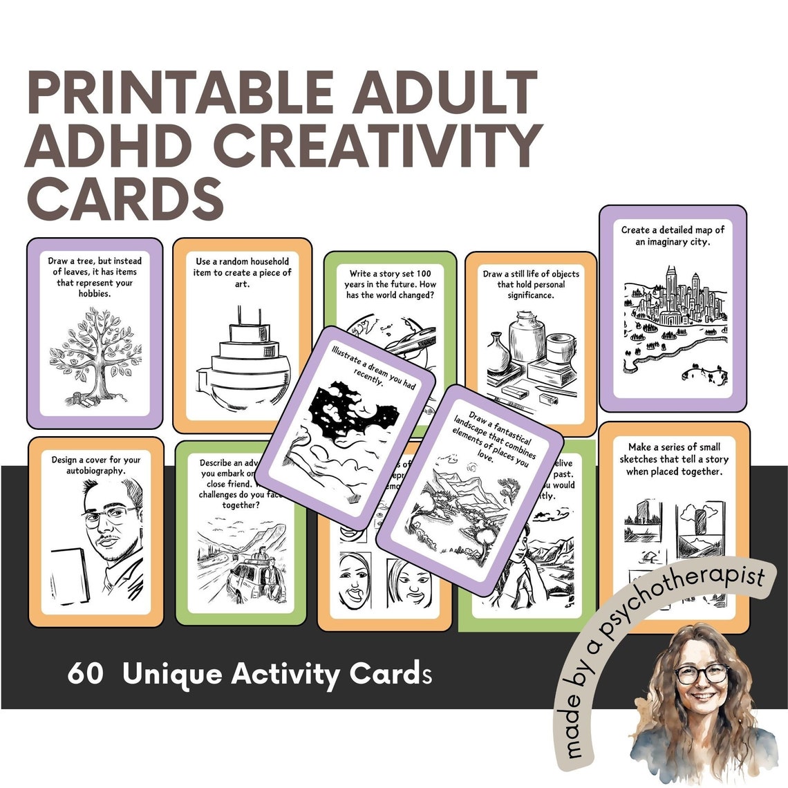 Printable Adult ADHD Creativity Card Set 60 Cards PDF Drawing Prompts ...