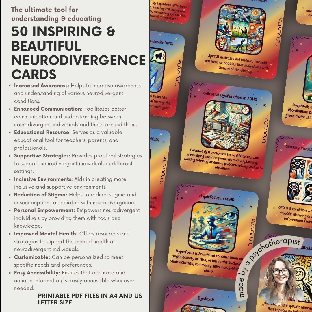 Printable Neurodiversity Cards Set of 50 PDF ADHD & Autism Counseling ...