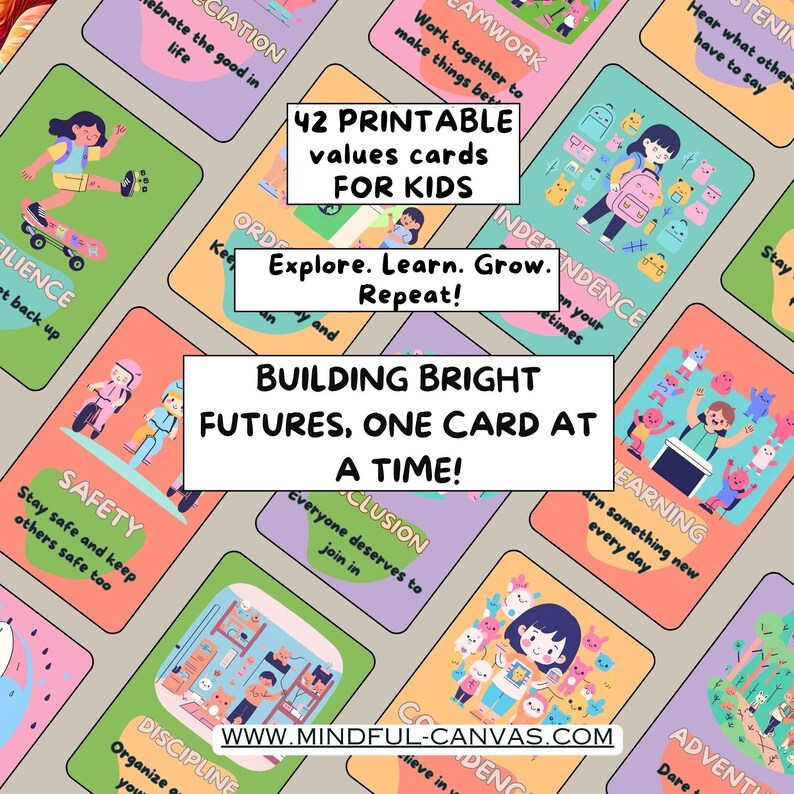 Children's Values Printable Card Deck Kawaii Style Cute Flash Cards for ...