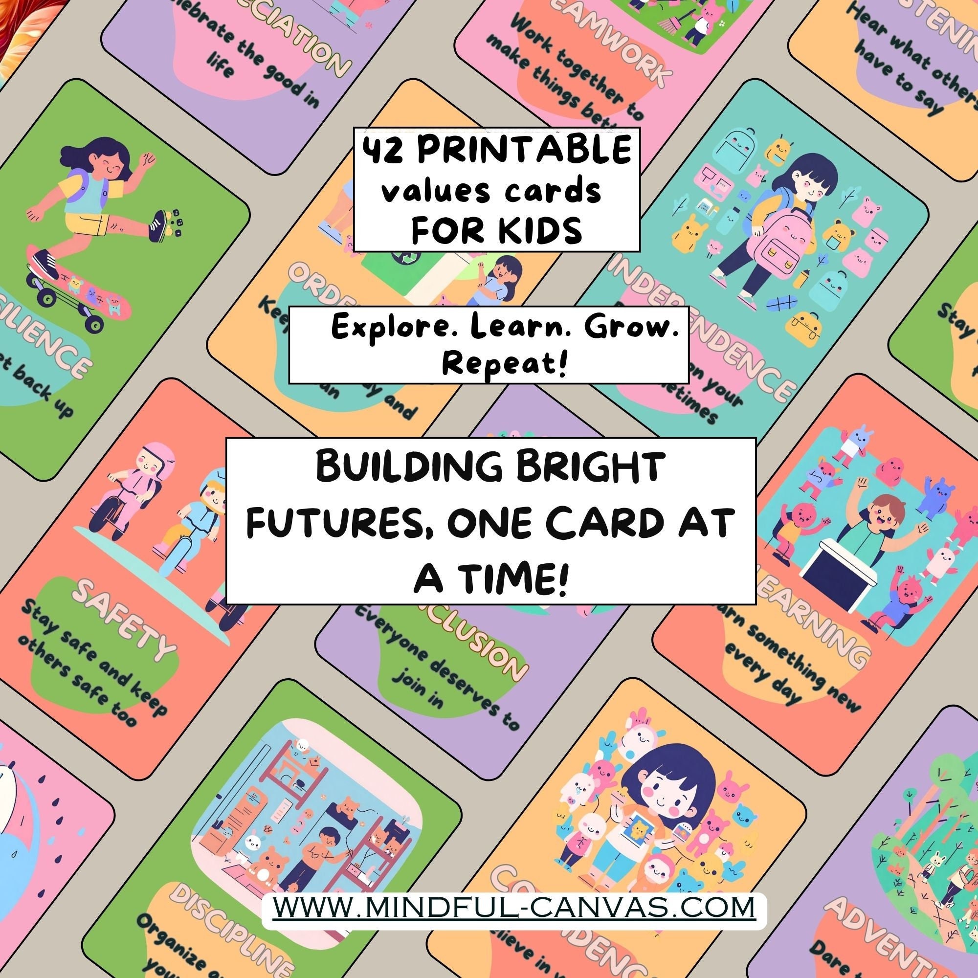 Children's Values Printable Card Deck Kawaii Style Cute Flash Cards for ...