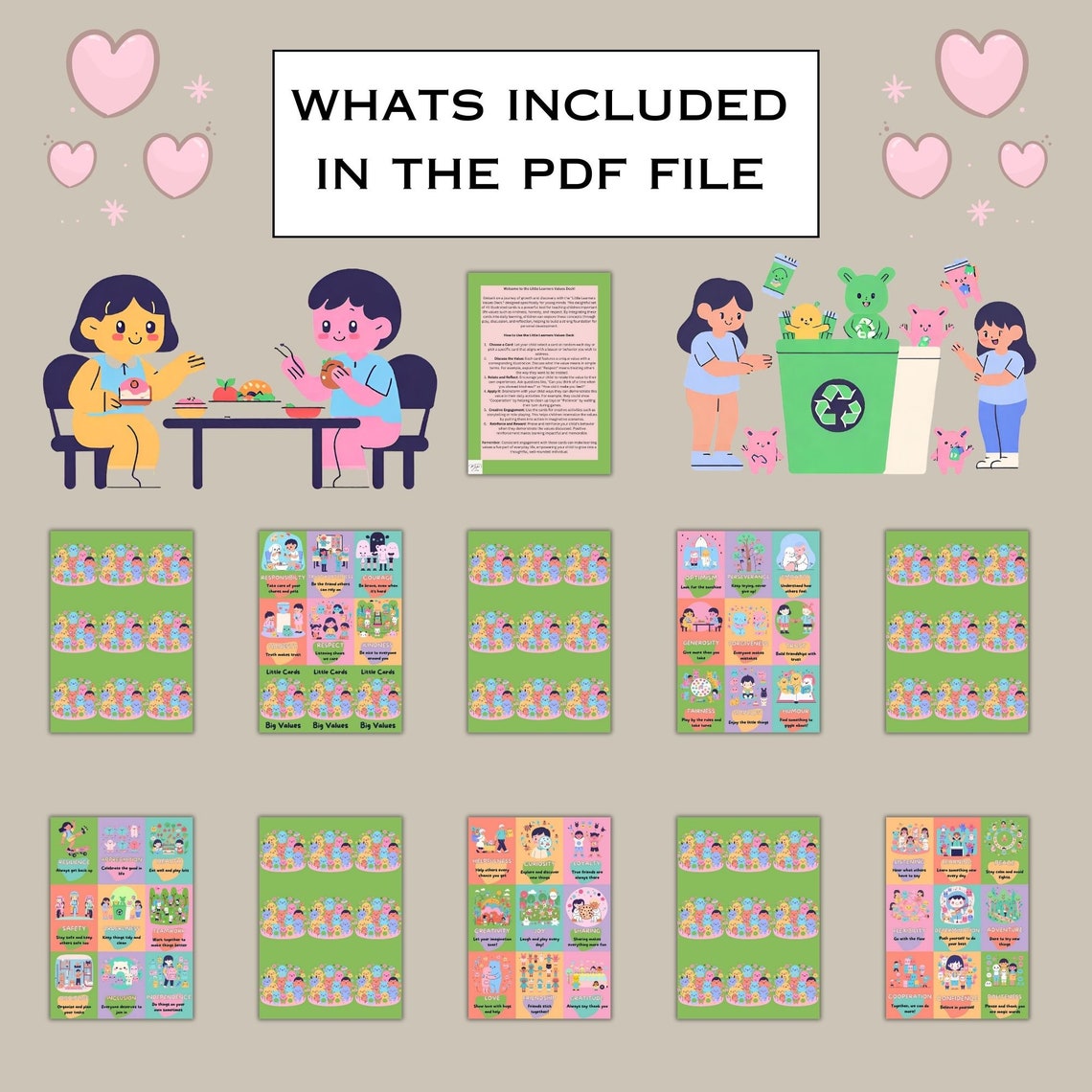 Children's Values Printable Card Deck Kawaii Style Cute Flash Cards for ...