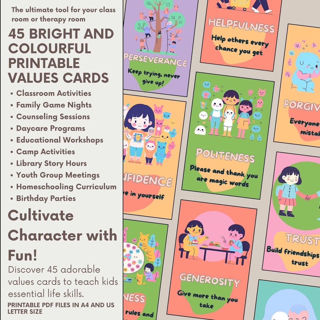Printable Children's Values Cards With Kawaii Illustrations, Emotions ...